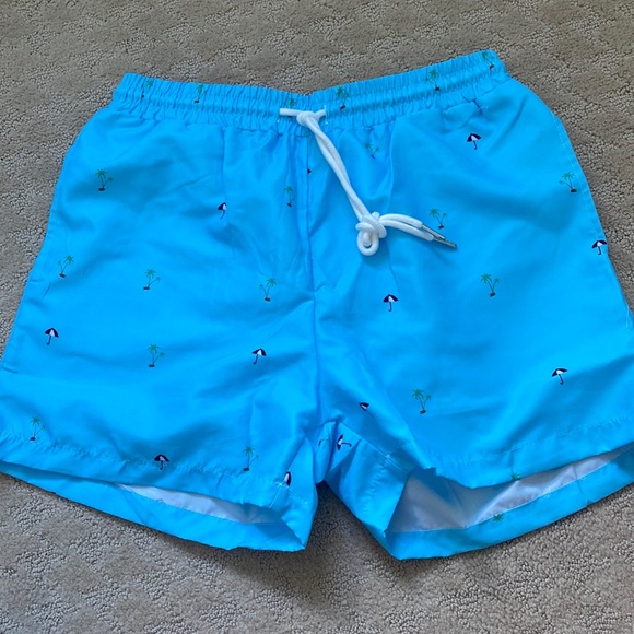 Swim | Mens Light Blue Swim Trunks With Palm Tree And Umbrella Design ...